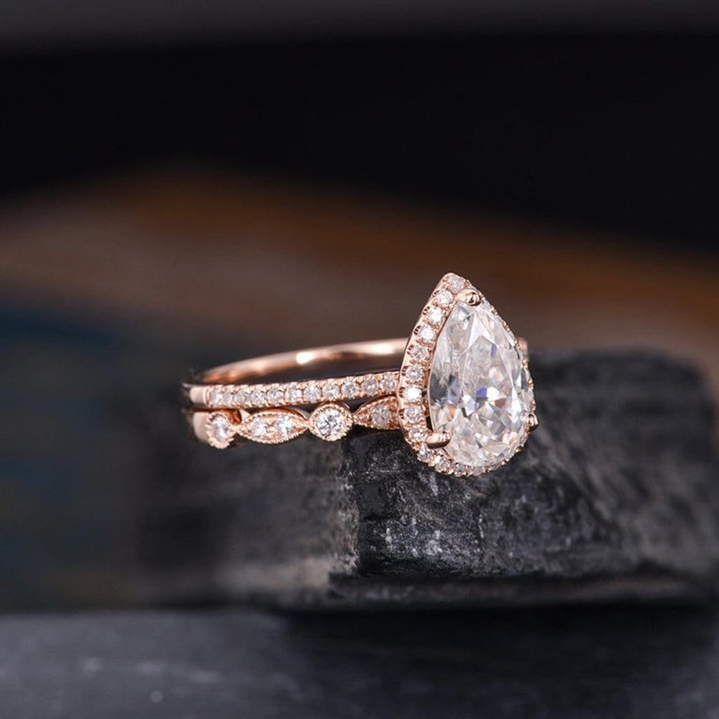 Buy 2ct Pear Shaped Moissanite Engagement Ring Rose Gold Bridal Set